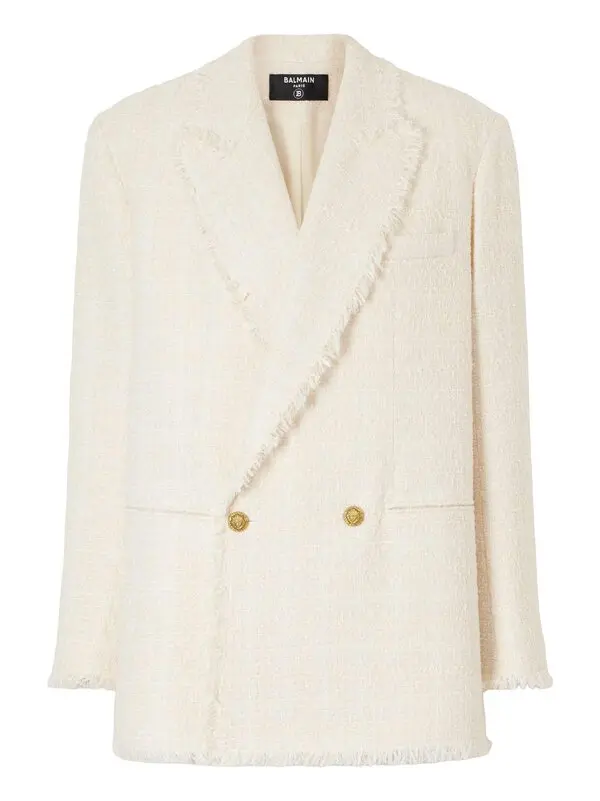 Balmain Double-breasted Frayed Tweed Blazer - Off-white