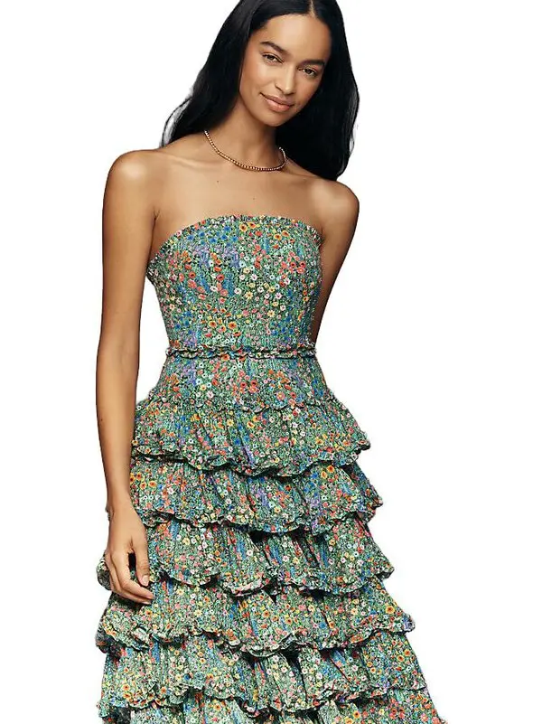 Mac Duggal Ruffled Strapless Midi Dress - Green Floral
