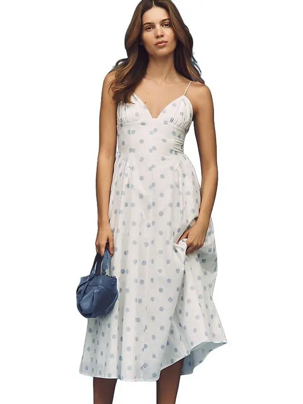 NIA Sydney V-neck A-line Cotton Midi Dress - Blue Pattern