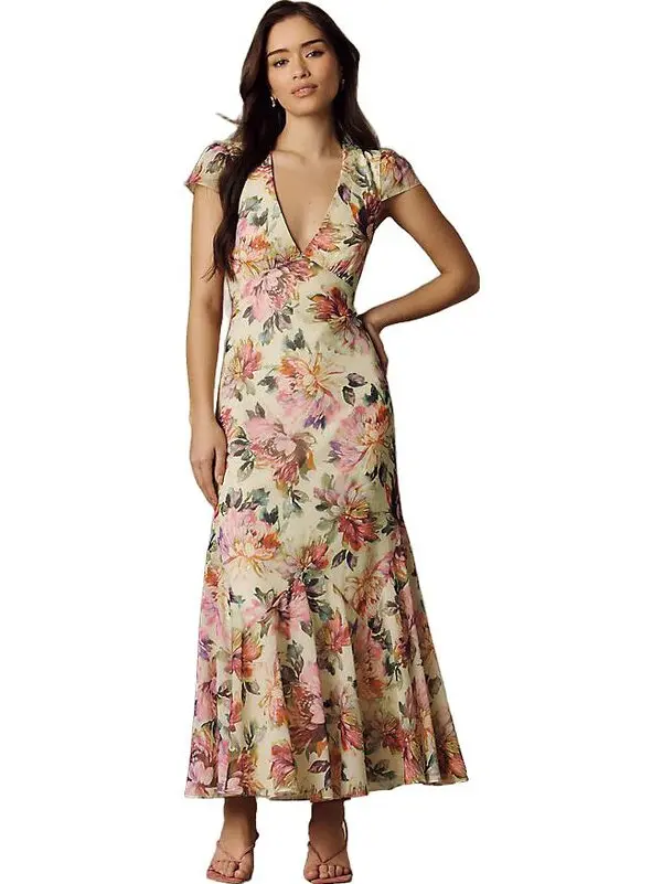 Bhldn Chiffon Cap-sleeve Midi Dress - Yellow Floral