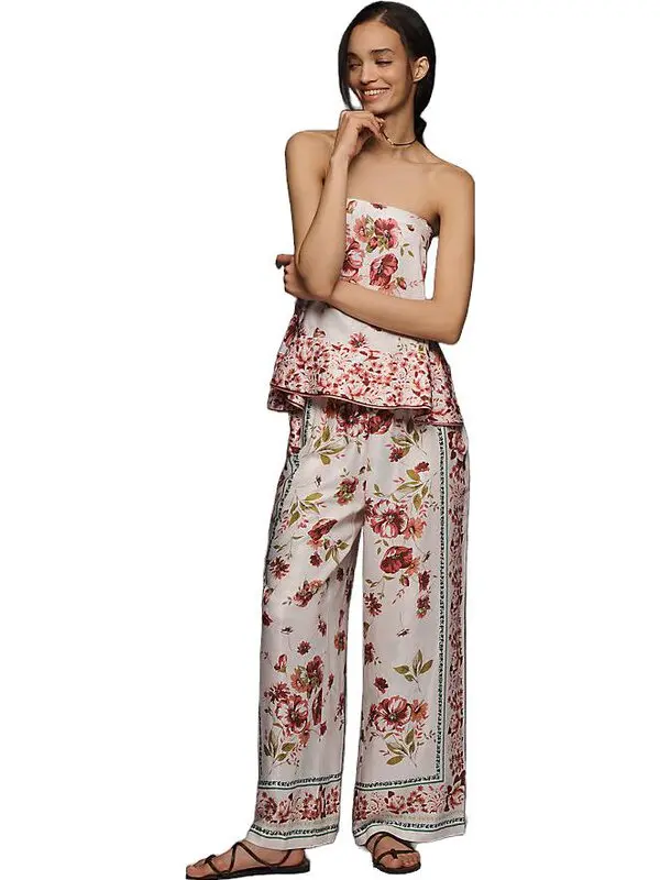 Anthropologie Wide Leg Track Pants - Ivory Floral