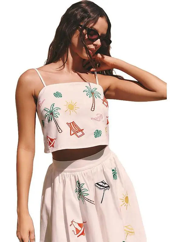 FLAT WHITE Tropical Embroidered Tank Top - White