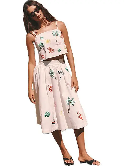 FLAT WHITE Tropical Embroidered Midi Skirt - White