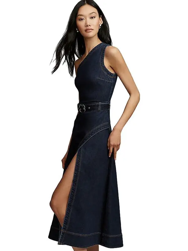Avec Les Filles Belted One-shoulder Shirt Dress - Medium Denim