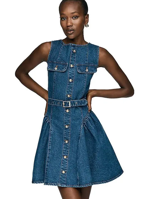Avec Les Filles Sleeveless Belted Denim Mini Dress - Dark Denim
