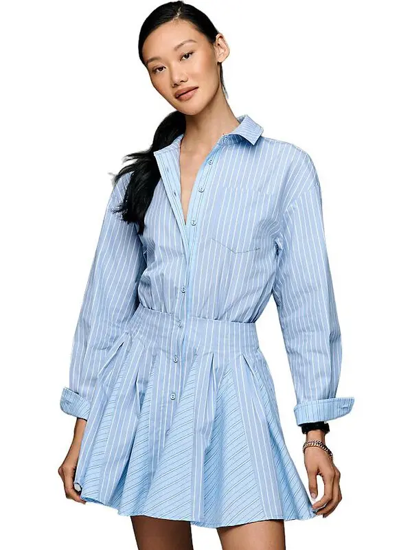 Avec Les Filles Waisted Long-sleeve Shirt Dress - Blue Stripe