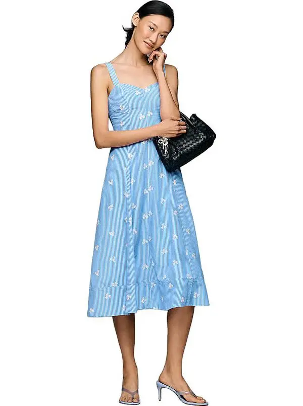 Avec Les Filles Sleeveless Embroidered Midi Dress - Blue Stripe