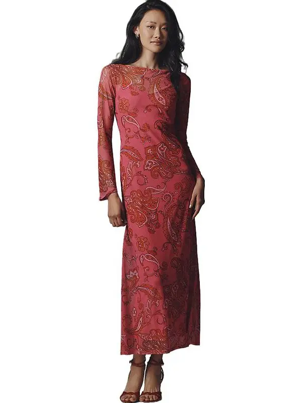 NEVER FULLY DRESSED Mesh Long-sleeve Midi Dress - Pink Pattern