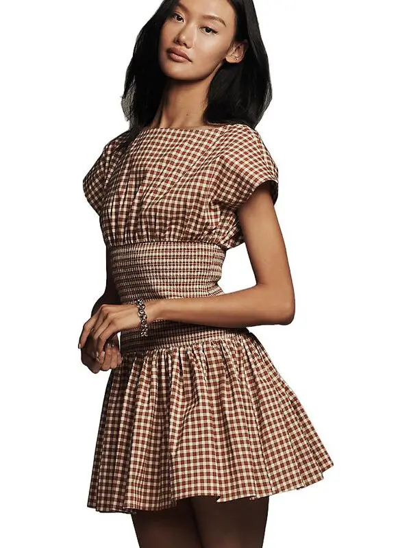 Avec Les Filles Waisted Boat-neck Mini Dress - Neutral Pattern