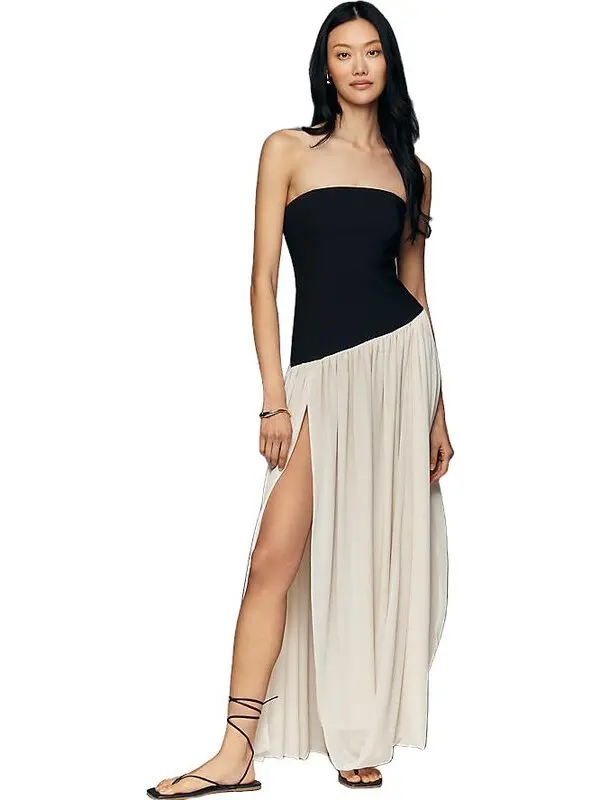 Ronny Kobo Ballad Strapless Asymmetric Maxi Dress - Black & Ivory