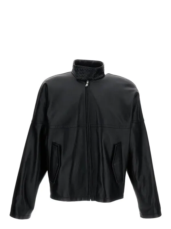 Bottega Veneta Leather Jacket With Interwoven Collar - Black