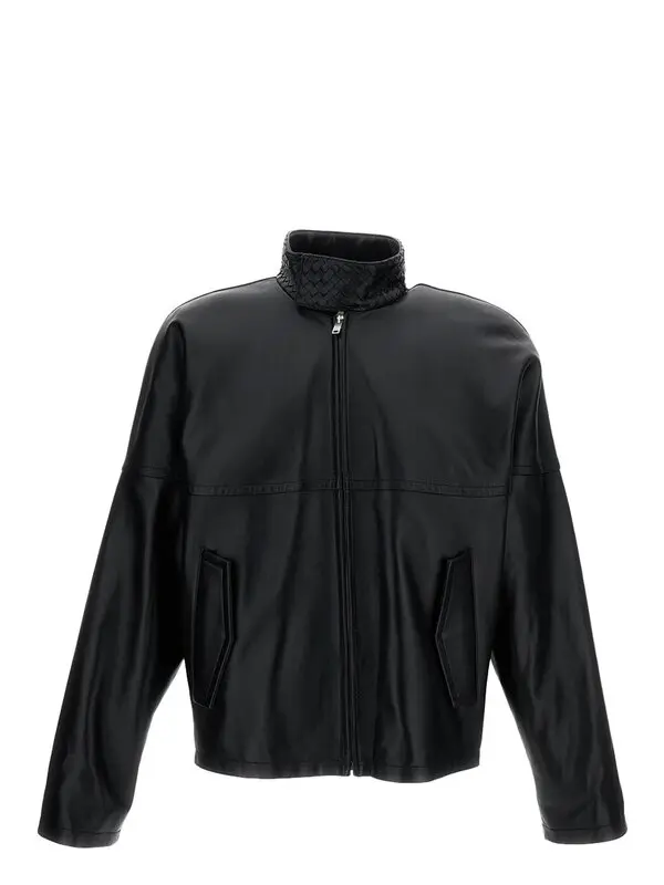 Bottega Veneta Leather Jacket With Interwoven Collar - Nero