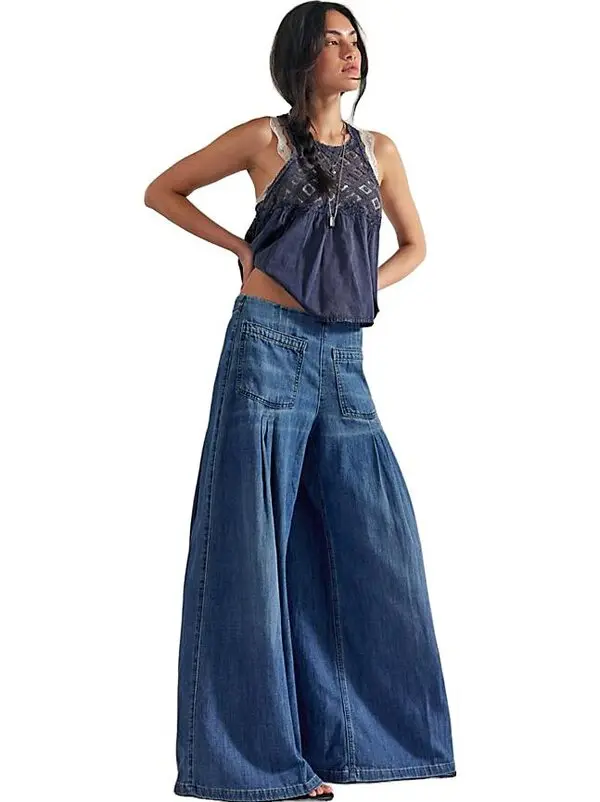 Free People We The Free Plot Twist Pintuck Wide-leg Jeans - Blue Seas