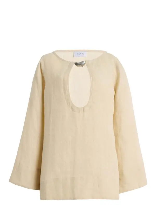 SLOAN Linen Kaftan Set With Jeweled Keyhole - Ivory