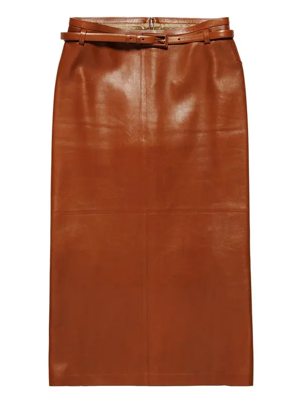 TOM FORD Pencil Belted Leather Midi Skirt - Brown
