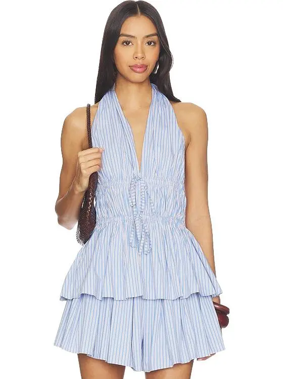 Line & Dot Eleni Tiered Poplin Halter Top - Blue
