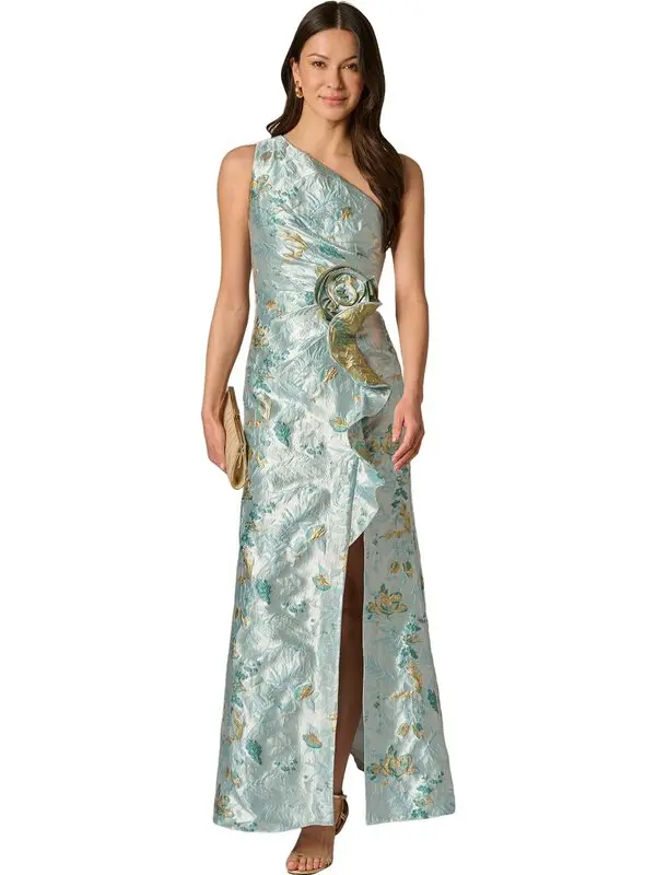 Adrianna Papell Petite One Shoulder Floral Jacquard Rosette Gown - Blue Multi