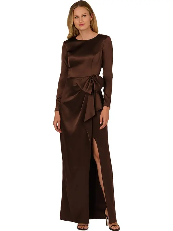 Adrianna Papell Long Sleeve Satin Bow Gown - Chocolate