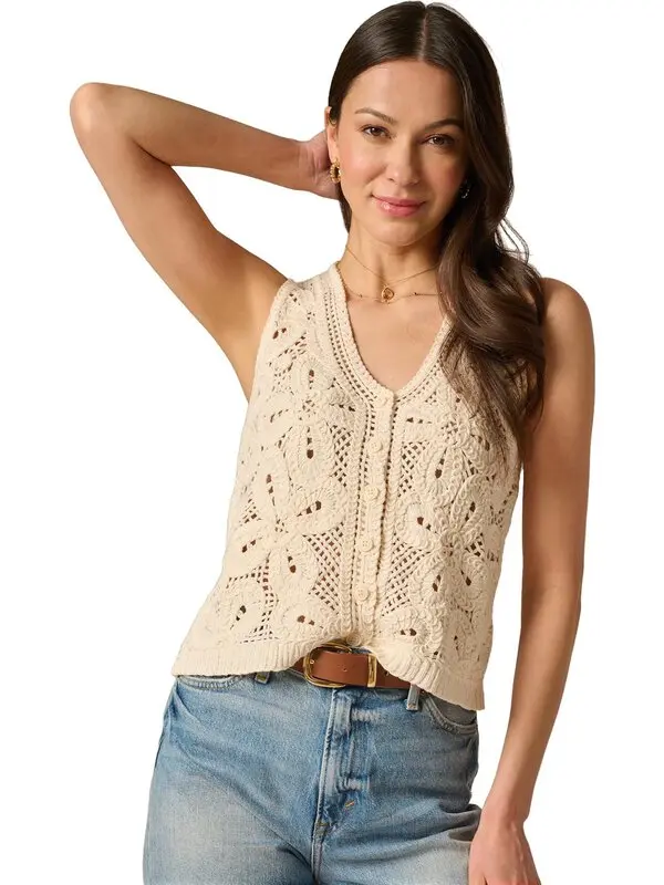 Adrianna Papell Open Knit Crochet Vest - Oatmeal