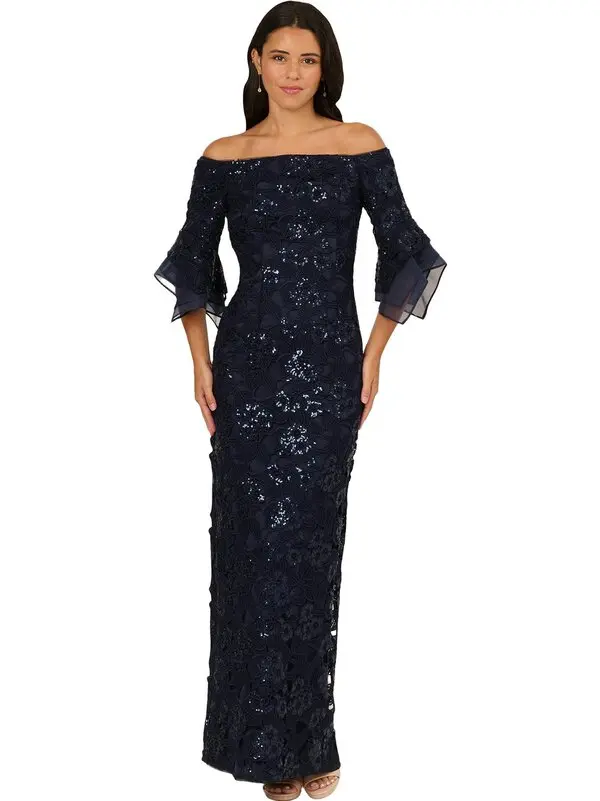 Adrianna Papell Off-shoulder Bell Sleeve Sequin Lace Gown - Midnight