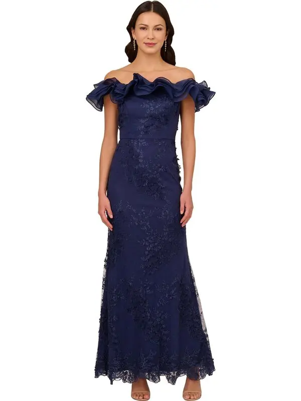 Adrianna Papell Floral Lace Off-the-shoulder Mermaid Gown - Light Navy