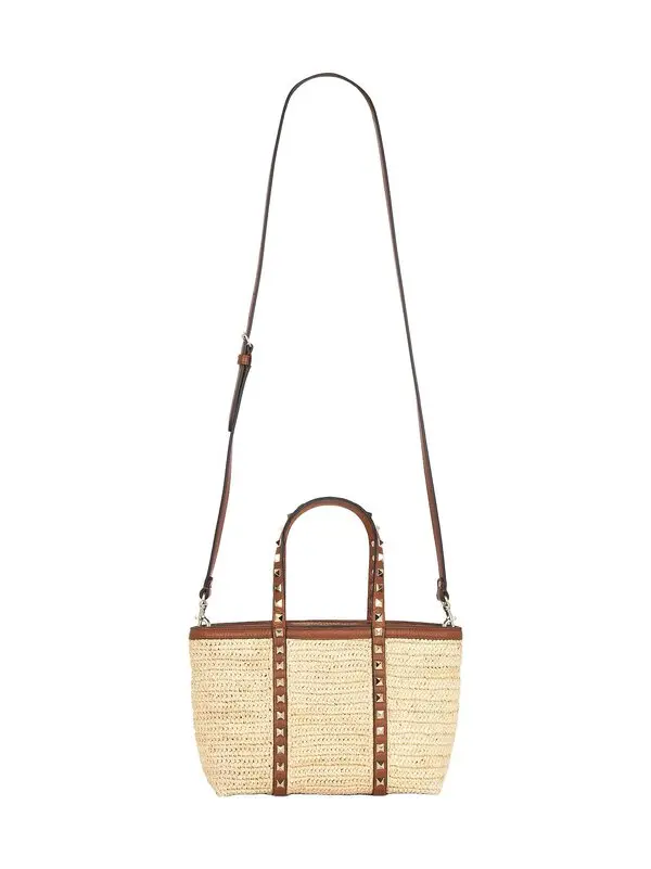 Valentino Garavani Crochet Raffia Rockstud Mini Tote Bag - Naturale & Selleria