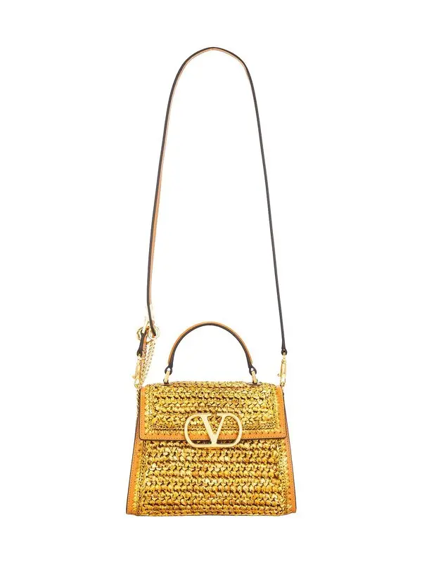 Valentino Garavani Crochet Raffia Vsling Top Handle Bag - Multicolor Oro & Golden Cuir