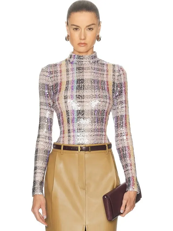 Brandon Maxwell Maven Paillette Mock Neck Shirt - Multicolor Plaid
