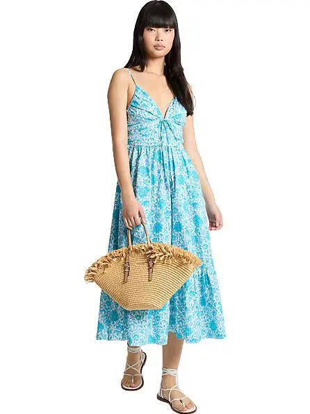 Michael Kors Floral Print Cotton Poplin Midi Dress - Blue
