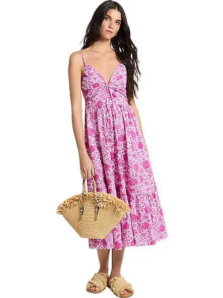 Michael Kors Floral Print Cotton Poplin Midi Dress - Pink