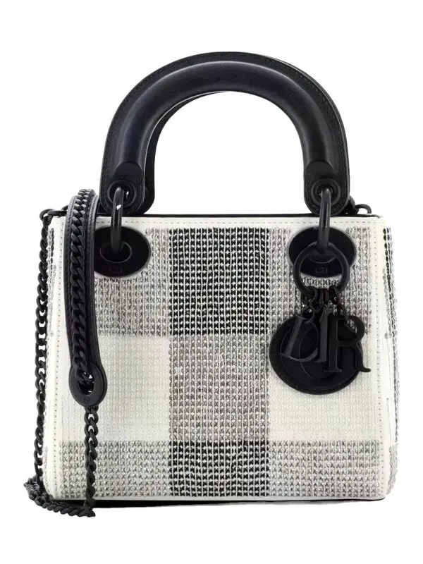 Dior Lady Chain Bag Crystal And Sequin Embellished Checkered Leather Mini Satchel - White