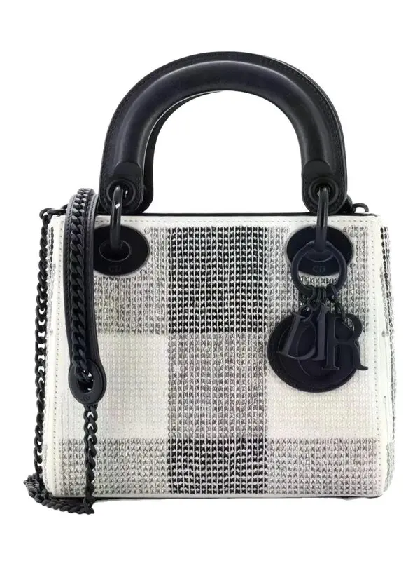 Dior Lady Chain Bag Crystal And Sequin Embellished Checkered Leather Mini Satchel - White