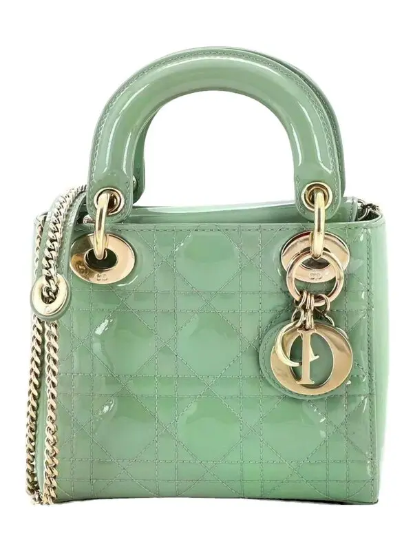 Dior Lady Chain Bag Cannage Quilt Patent Mini Satchel - Green