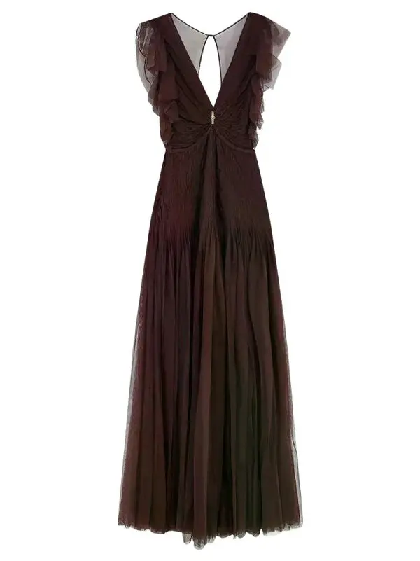 Elisabetta Franchi Ruffled V-neck Maxi Dress - Brown