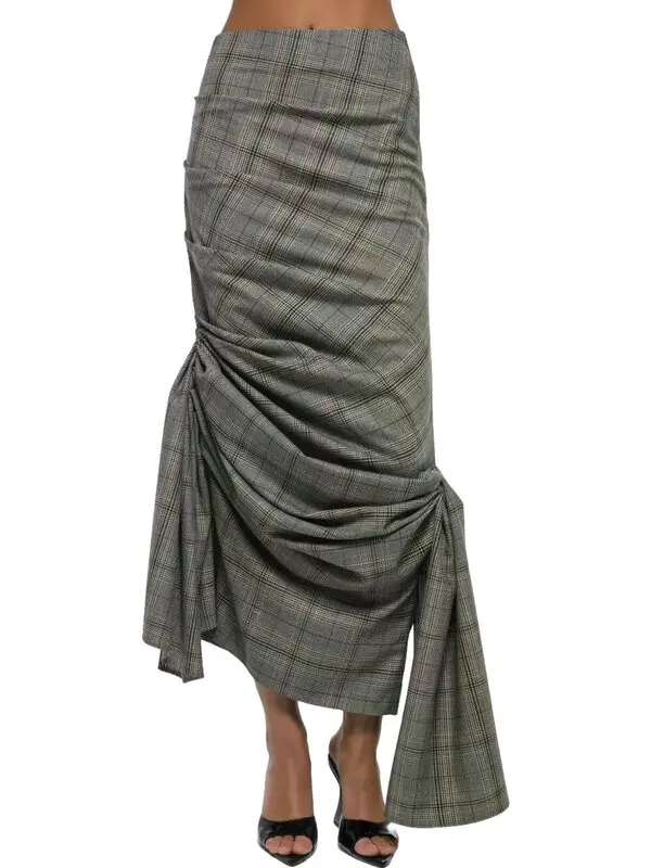 ANOUKI Check-pattern Draped Asymmetric Skirt - Grey