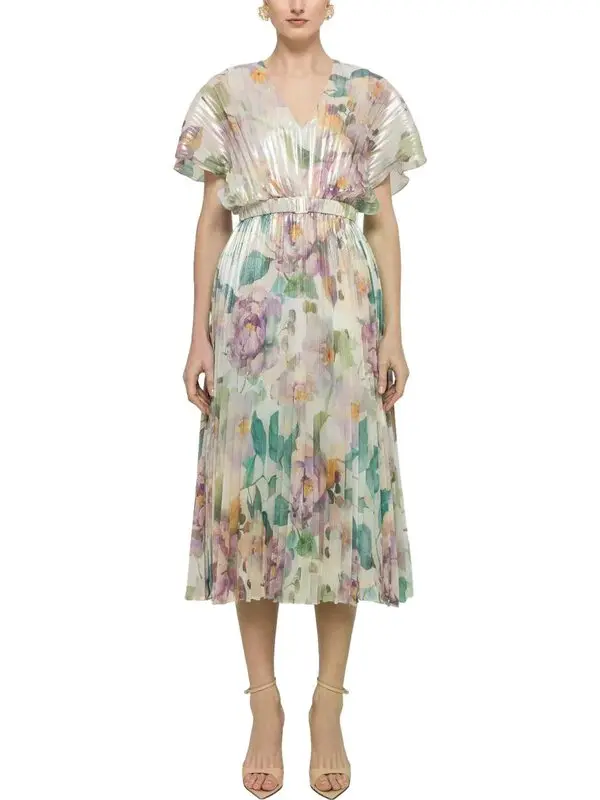 NISSA Floral-print Pleated Midi Dress - Neutrals