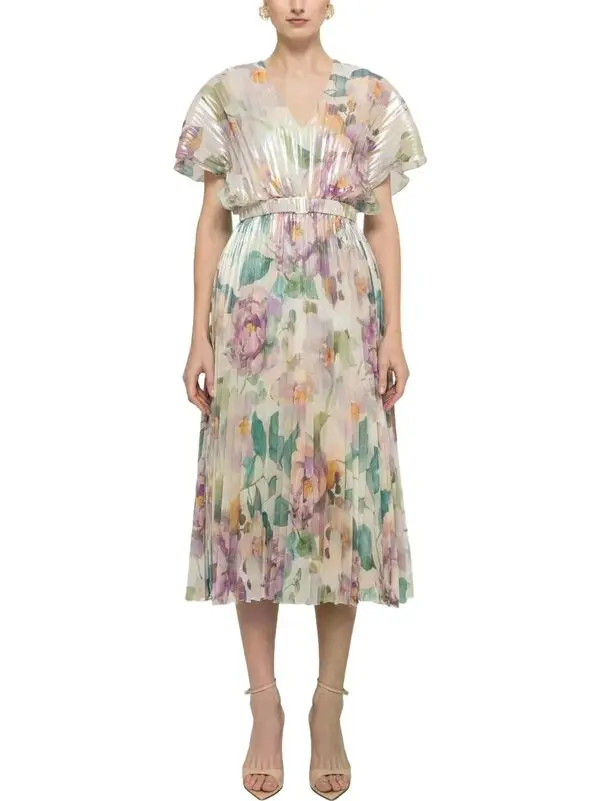 NISSA Floral-print Pleated Midi Dress - Neutrals