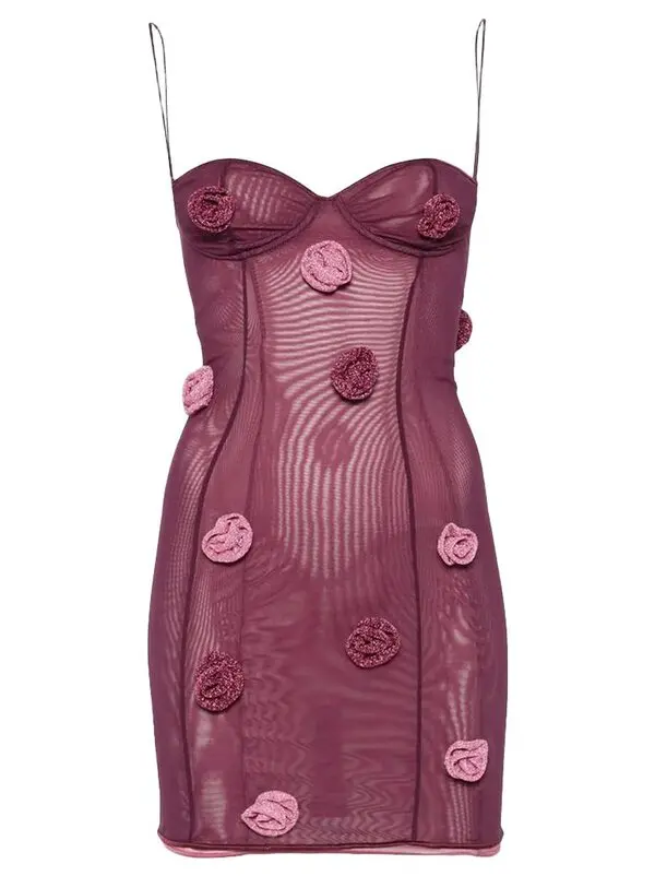 Oseree Mesh Rose Applique Balconette Dress - Purple