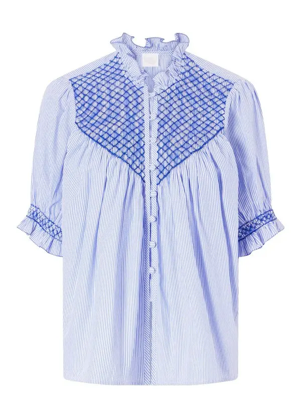 Loretta Caponi Milvia Shirred Striped Cotton-poplin Blouse - Blue