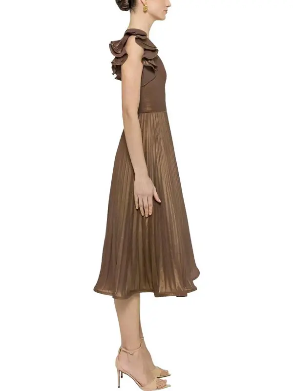 NISSA Ruffled Pleated Midi Dress - Brown