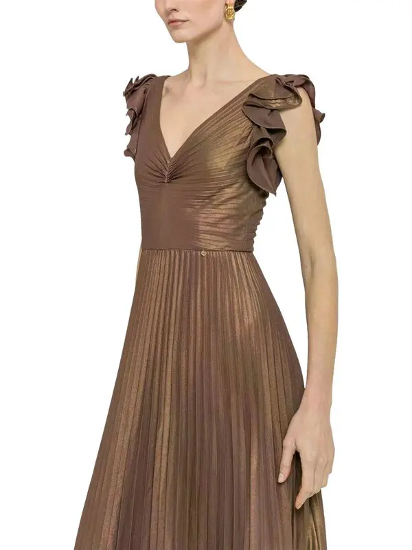 NISSA Ruffled Pleated Midi Dress - Brown