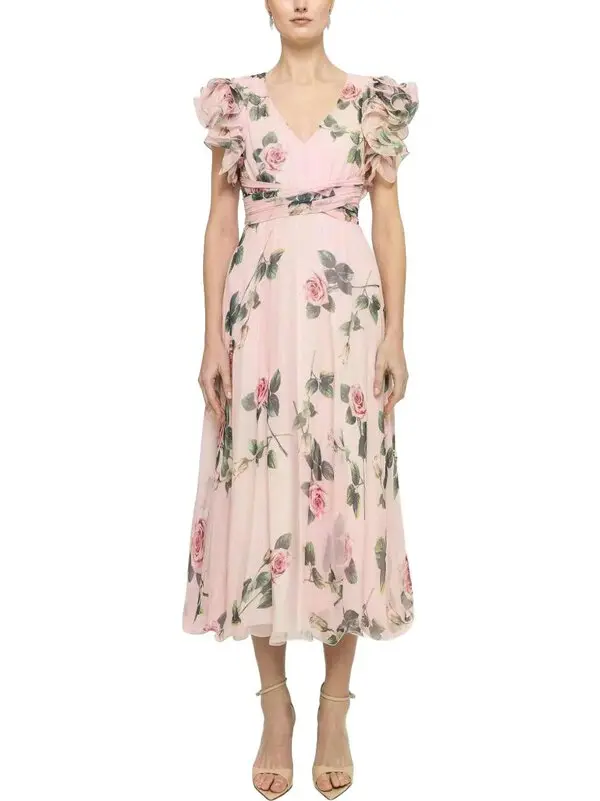 NISSA Ruffled Floral Silk Midi Dress - Pink