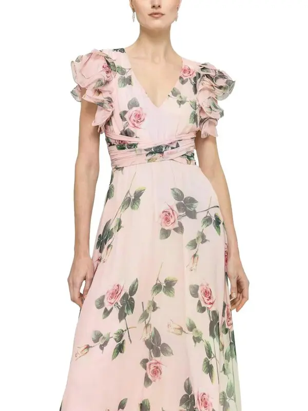 NISSA Ruffled Floral Silk Midi Dress - Pink