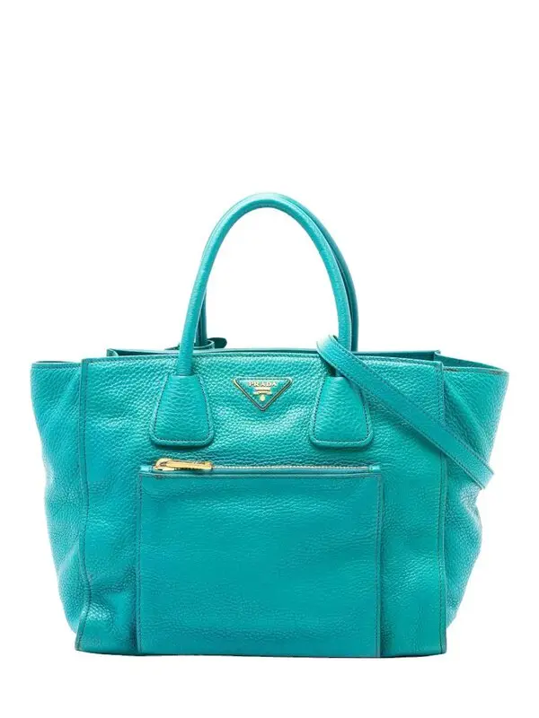 Prada Vitello Daino Front Pocket Open Convertible Tote Satchel - Blue