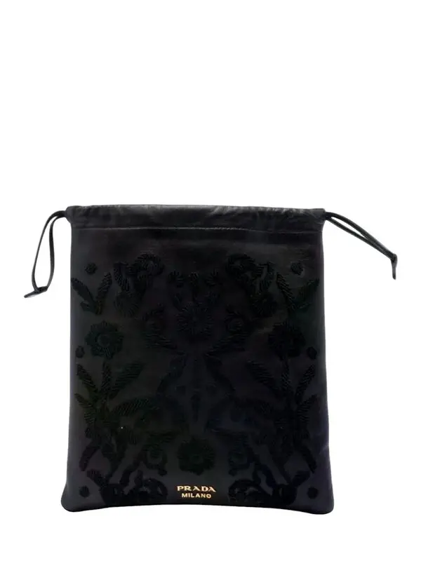Prada 2016-2018 Embroidered Leather Drawstring Pouch - Black