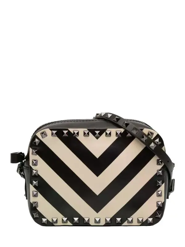 Valentino Garavani Leather Chevron Print Rockstud Camera Crossbody Bag - Black