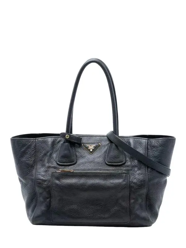 Prada Vittelo Daino Front Pocket Convertible Tote Satchel - Black