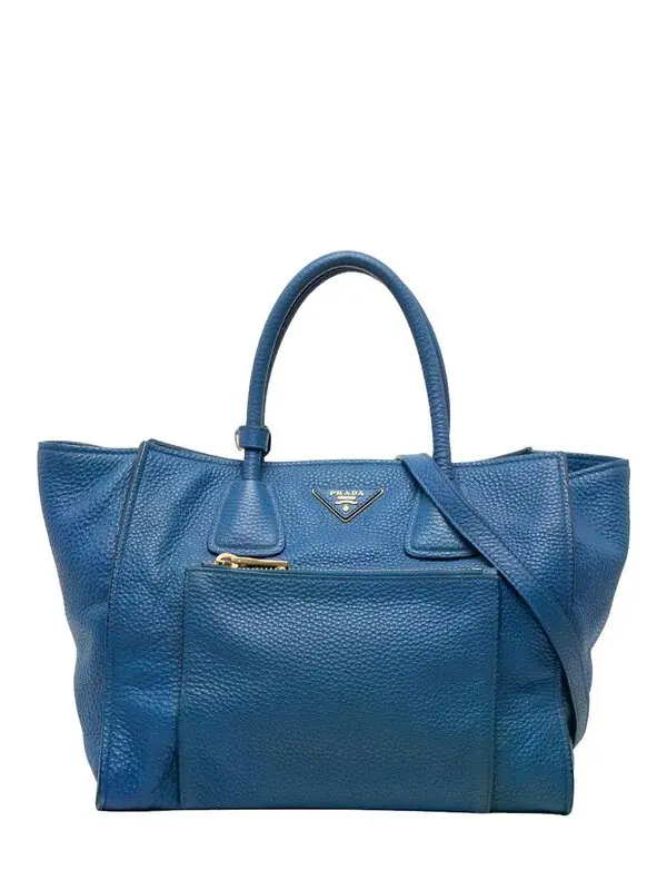 Prada Vitello Daino Front Pocket Convertible Tote Satchel - Blue