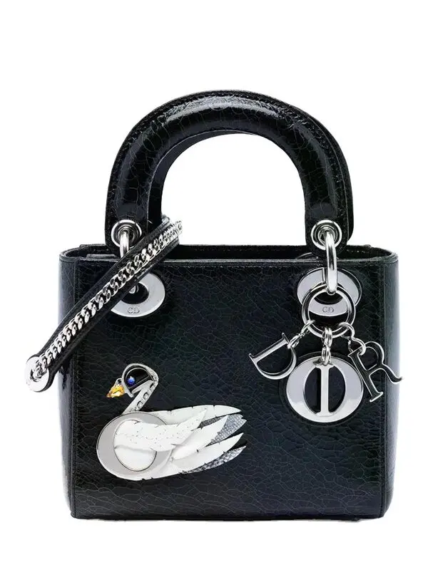 Dior 2016 Mini Deerskin Ceramic Effect Jeweled Swan Lady Satchel - Black