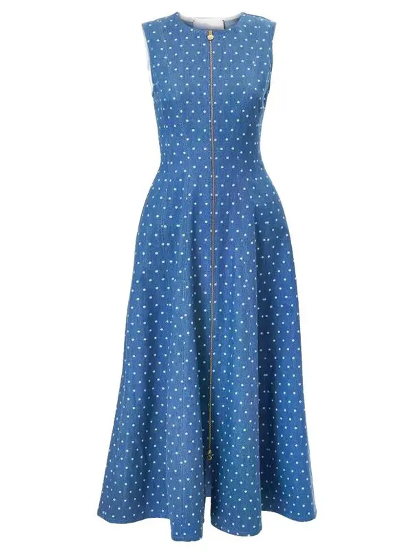 Carolina Herrera Polka Dot Denim A-line Midi Dress - Blue